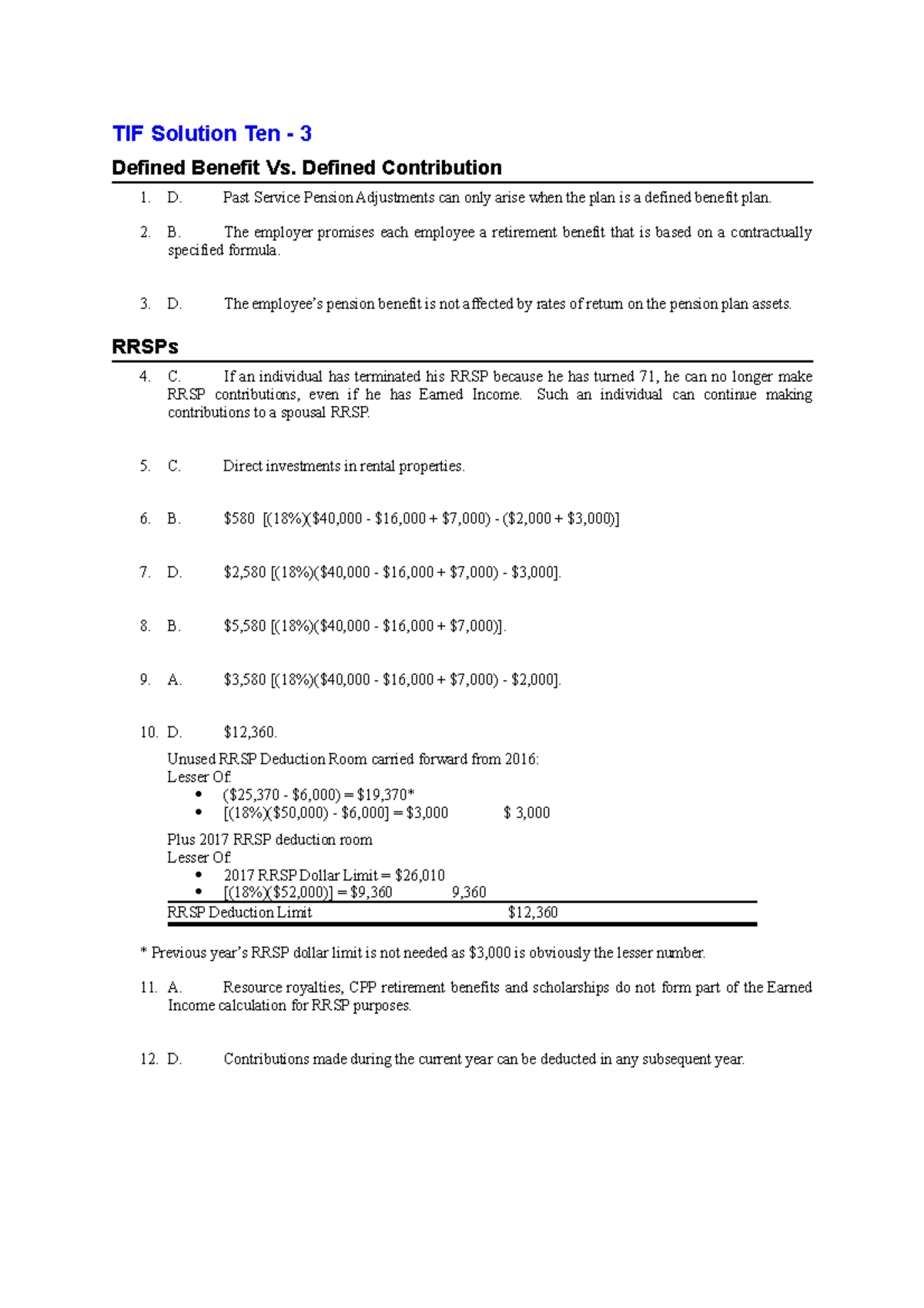 TIF Solution Ten 3 - Defined Contribution D. Past Service Pension ...