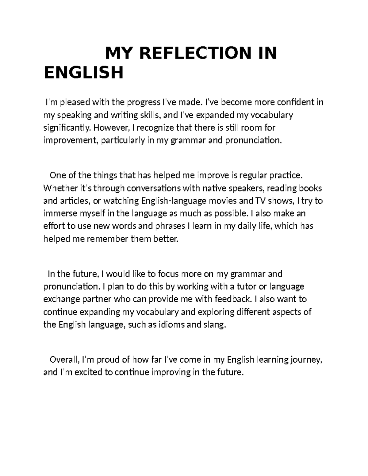 MY Reflection IN English - MY REFLECTION IN ENGLISH I'm pleased with ...