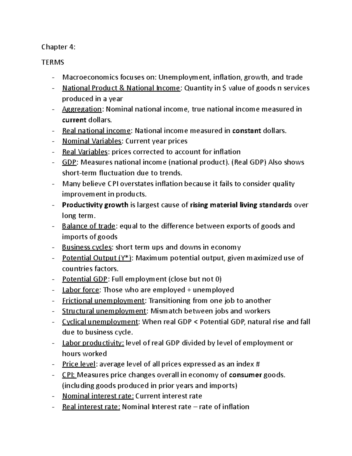 Ch 4 Notes - Chapter 4: TERMS - Macroeconomics focuses on: Unemployment ...