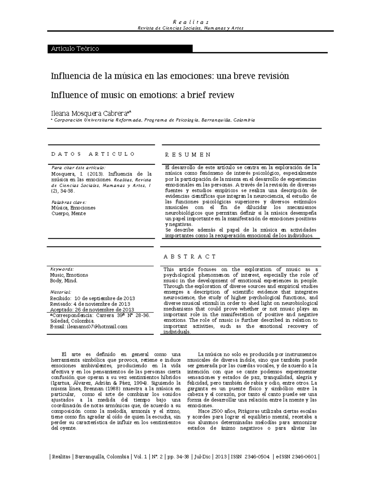 La musica y las emociones - D A T O S A R T I C U L O R E S U M E N Pa ...