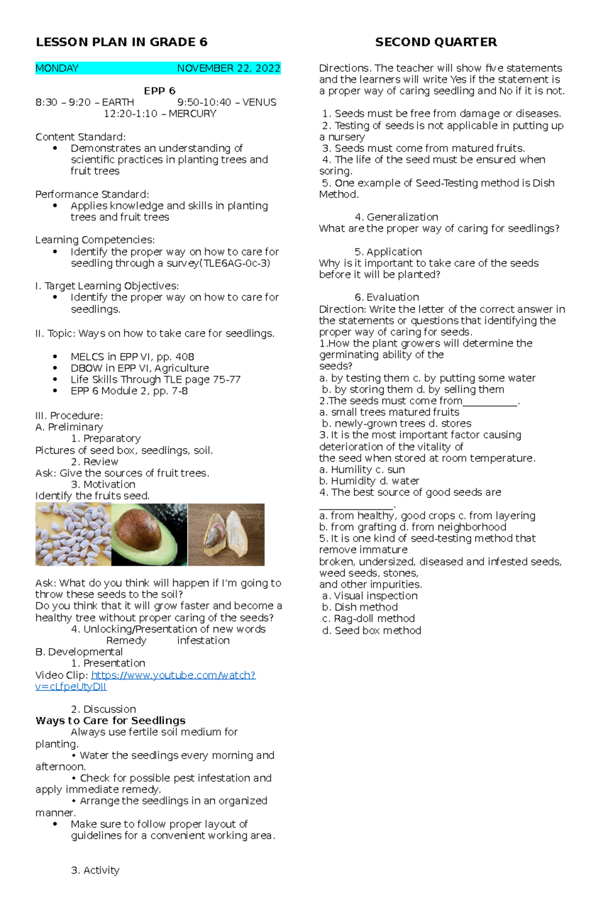 EPP 6 - WEEK 3 -DAY 2- 2nd Quarter - LESSON PLAN IN GRADE 6 SECOND ...