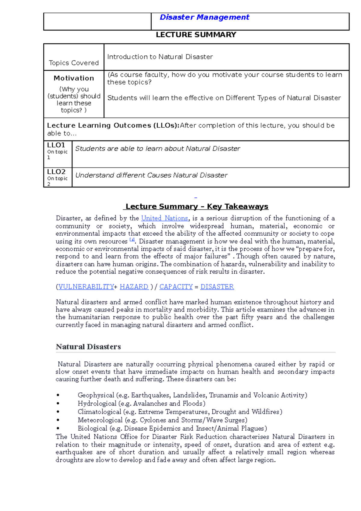 Introduction to Natural Disaster - Disaster Management LECTURE SUMMARY ...