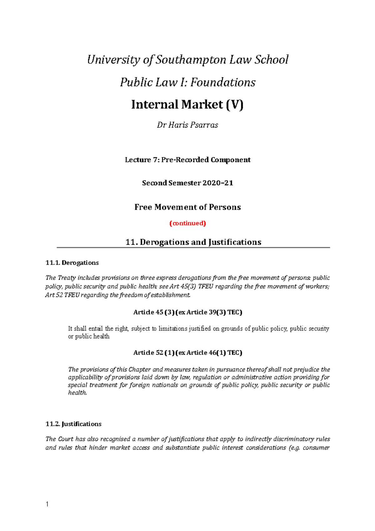 Pre Record Lecture 7 Handout - University of Southampton Law School ...