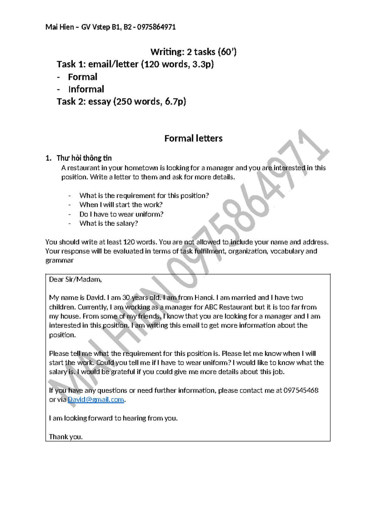 Formal letters - practice - Writing: 2 tasks (60’) Task 1: email/letter ...