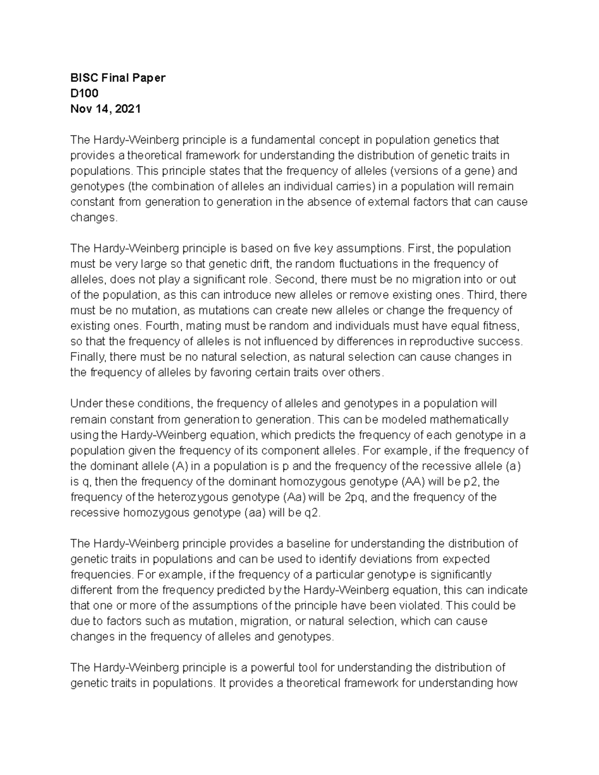 BISC Final Paper - BISC Final Paper D Nov 14, 2021 The Hardy-Weinberg ...