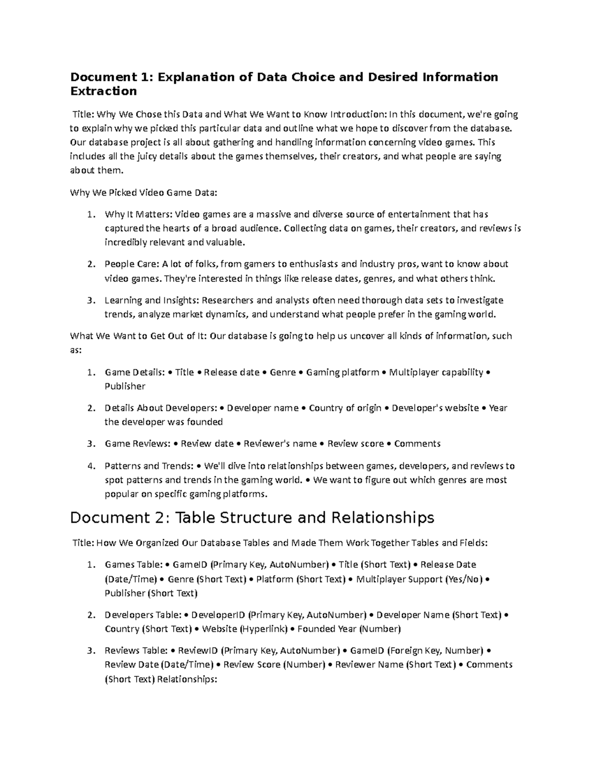 Documents 1 and 2 of Video Games DB - Document 1: Explanation of Data ...