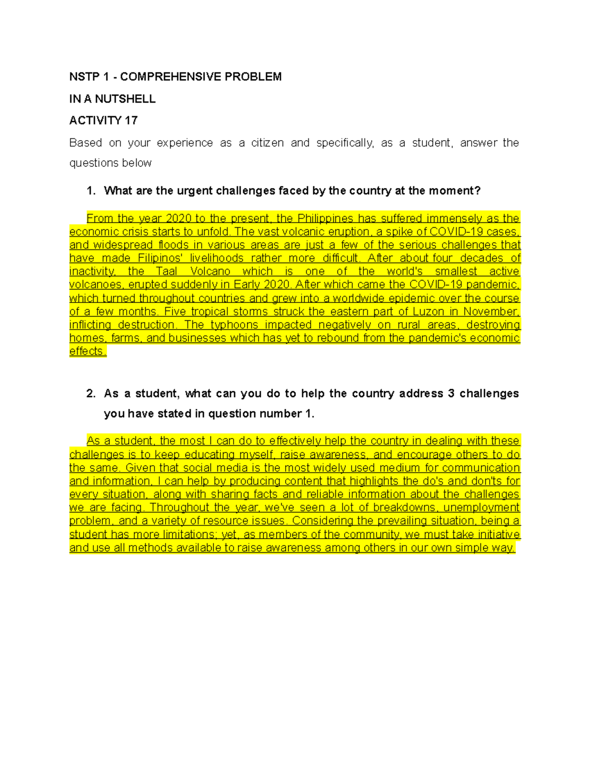 NSTP 1- Comprehensive- Problem IN A Nutshell- Activity 17 - NSTP 1 ...