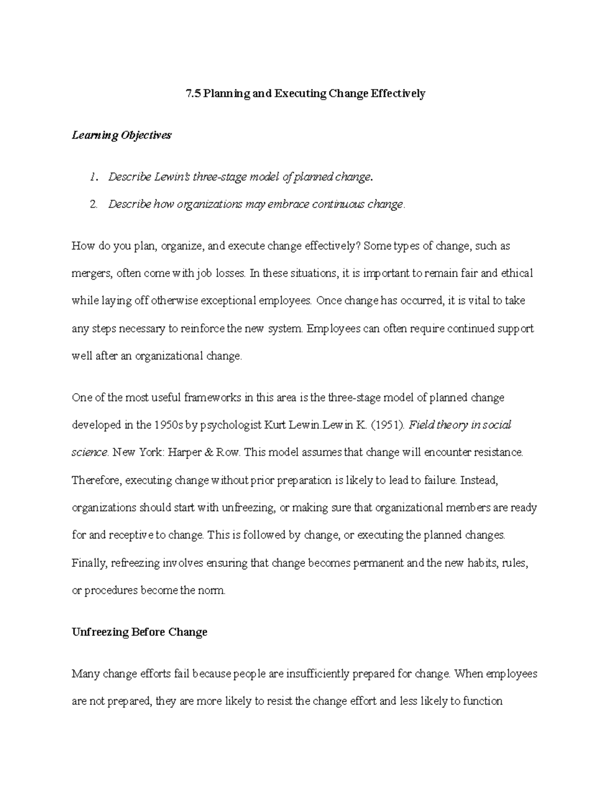 7.5 Planning and Executing Change Effectively - 7 Planning and ...
