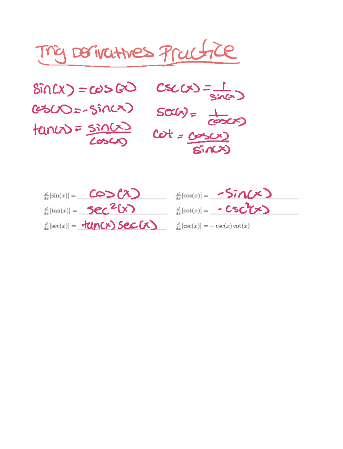 Trig Derivatives Practice - ####### Trigberivative Practice Sincx COSA ...
