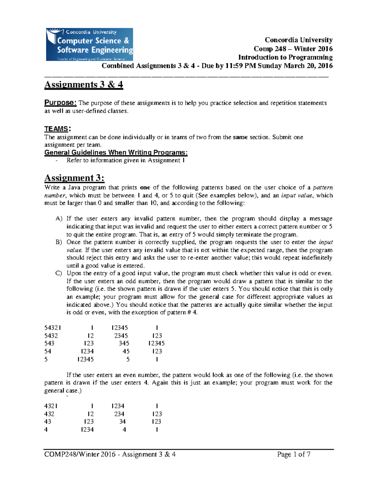 Comp248 w16 assg3 and assg4 - Concordia University Comp 248 – Winter ...
