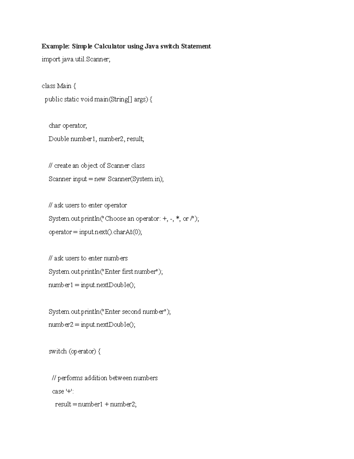 Mpl Today Java Lectures Notes Example Simple Calculator Using Java Switch Statement Import