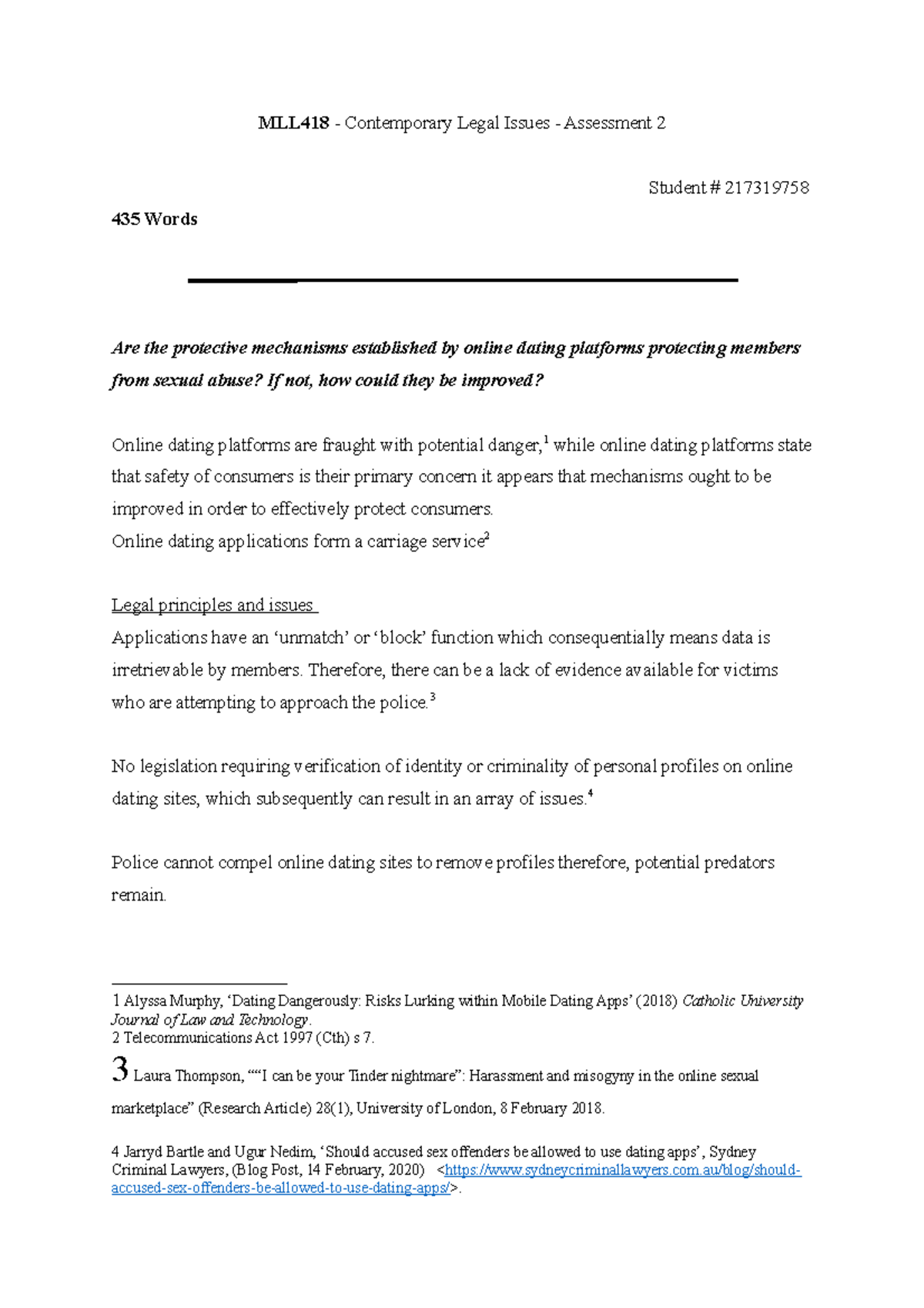 MLL418 Cyber Abuse - MLL418 - Contemporary Legal Issues - Assessment 2 ...