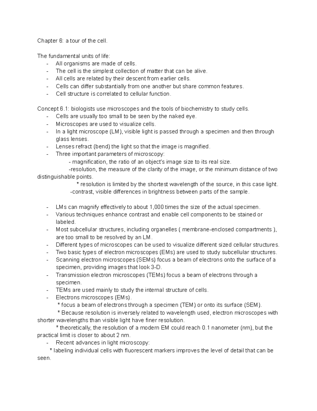 Chapter 6 BIO lec - the cell - Chapter 6: a tour of the cell. The ...