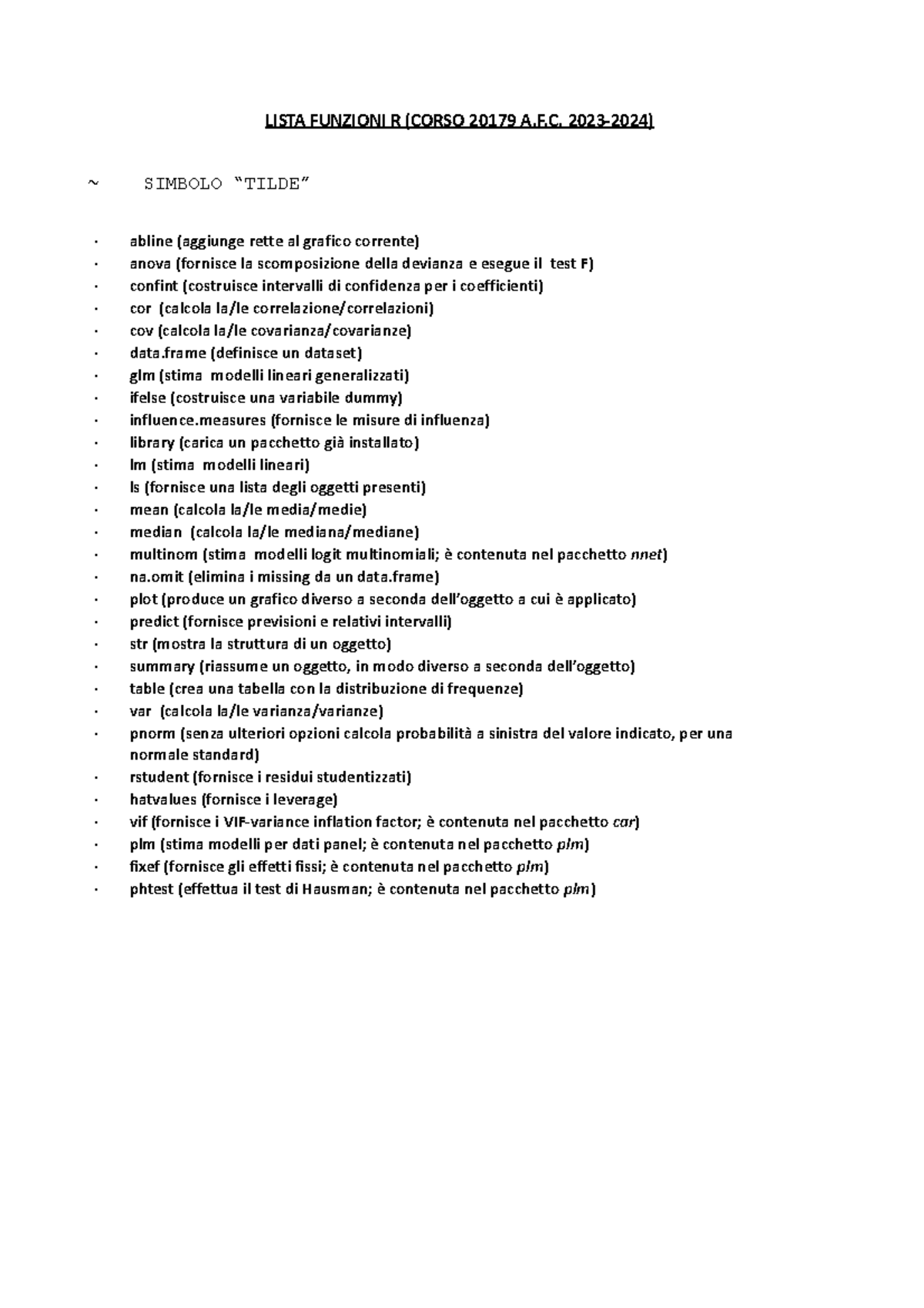 Lista Comandi R - stat - LISTA FUNZIONI R (CORSO 20179 A.F. 2023-2024) ~ SIMBOLO “TILDE ...