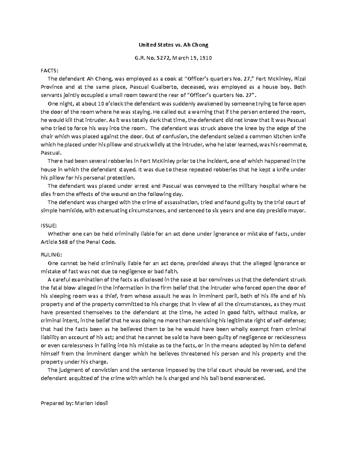 United States vs. Ah Chong - United States vs. Ah Chong G. No. 5272 ...