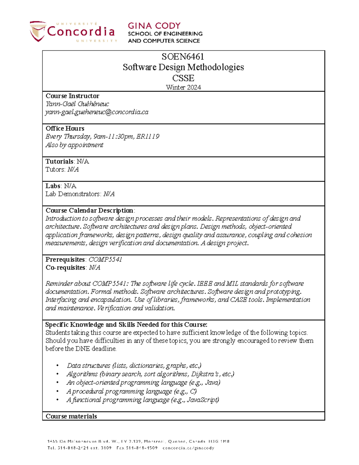 Week 1- Course Outline - SOEN Software Design Methodologies CSSE Winter ...