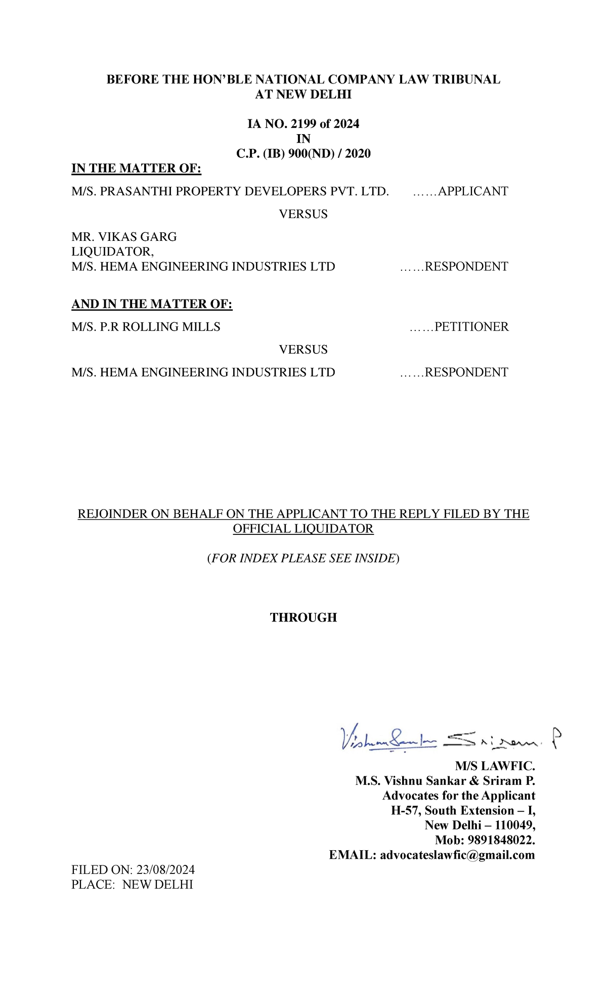 Prasanthi Property Rejoinder - BEFORE THE HON’BLE NATIONAL COMPANY LAW ...