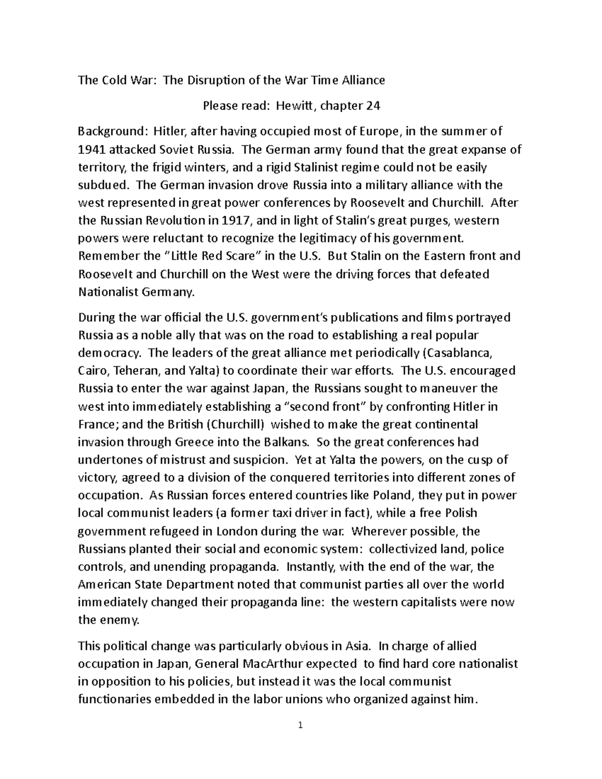 Class 23 -The Cold War - The Cold War: The Disruption of the War Time ...