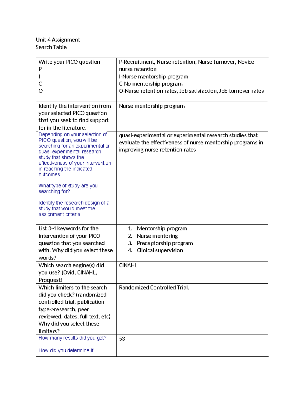 Search table - n/a - Unit 4 Assignment Search Table Write your PICO question P I C O P ...