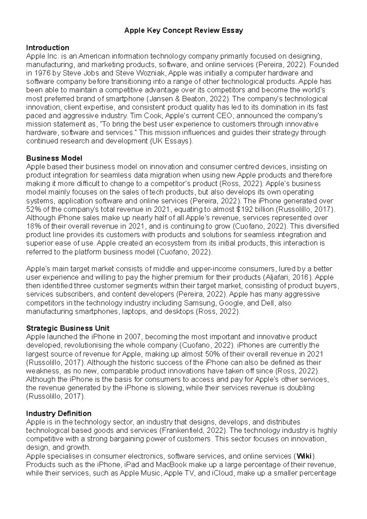 BUS399 Assignment 1 Key Concept Review Essay - Apple Key Concept Review ...