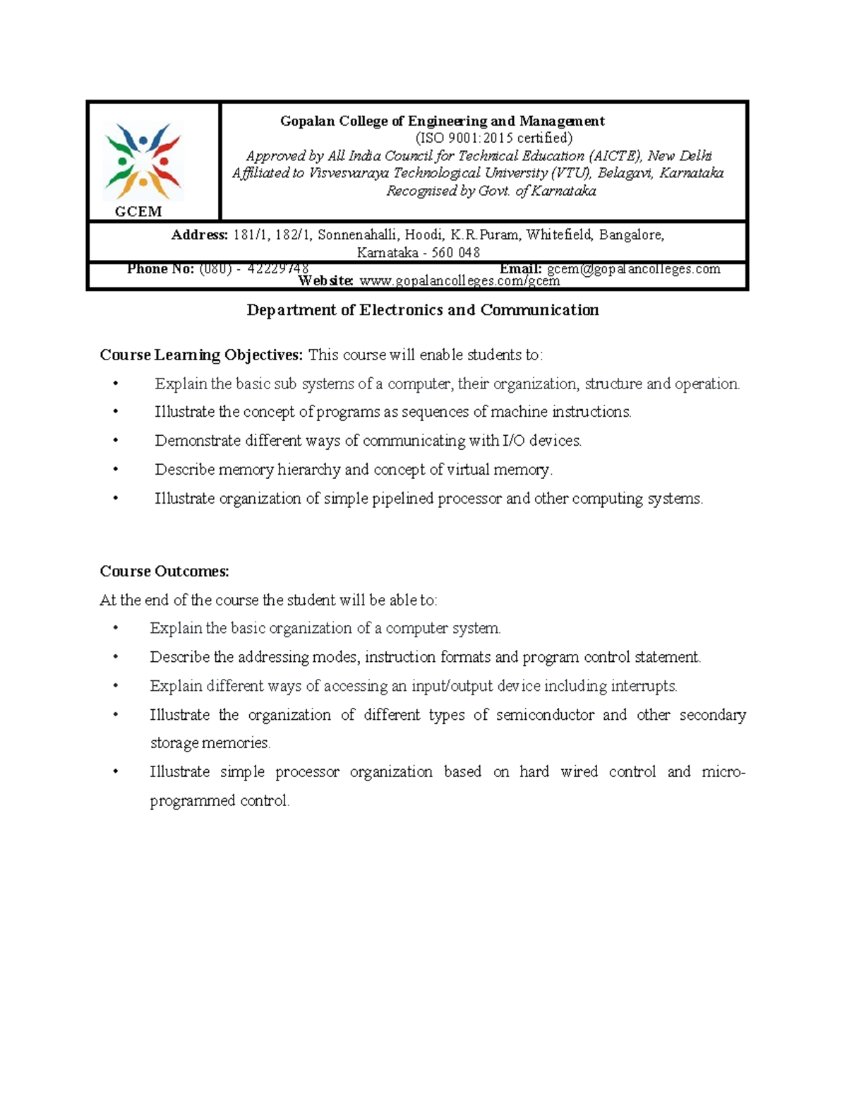 Course Learning Objectives-COA - GCEM Gopalan College of Engineering ...