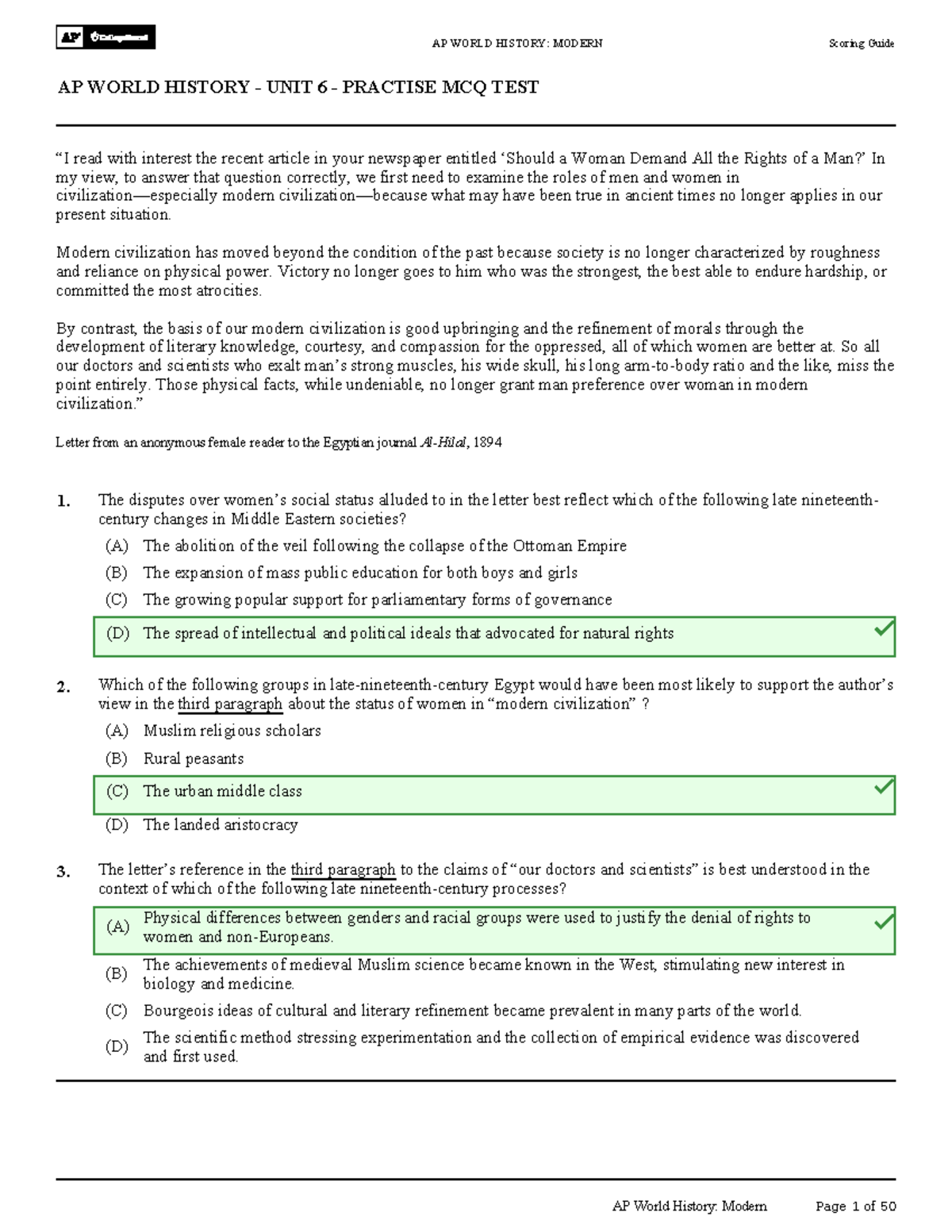 Rubric AP World History UNIT 6 Practise MCQ TEST - “I read with ...