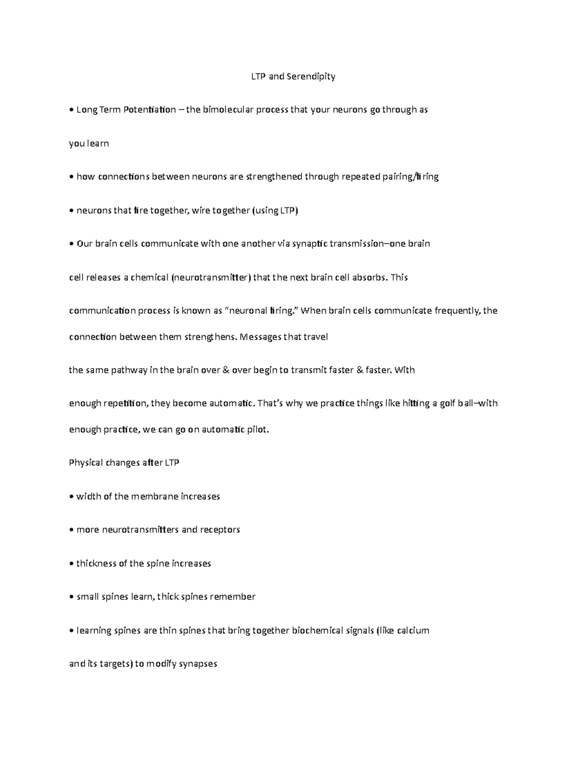 LTP and Serendipity Notes - LTP and Serendipity Long Term Potentiation ...