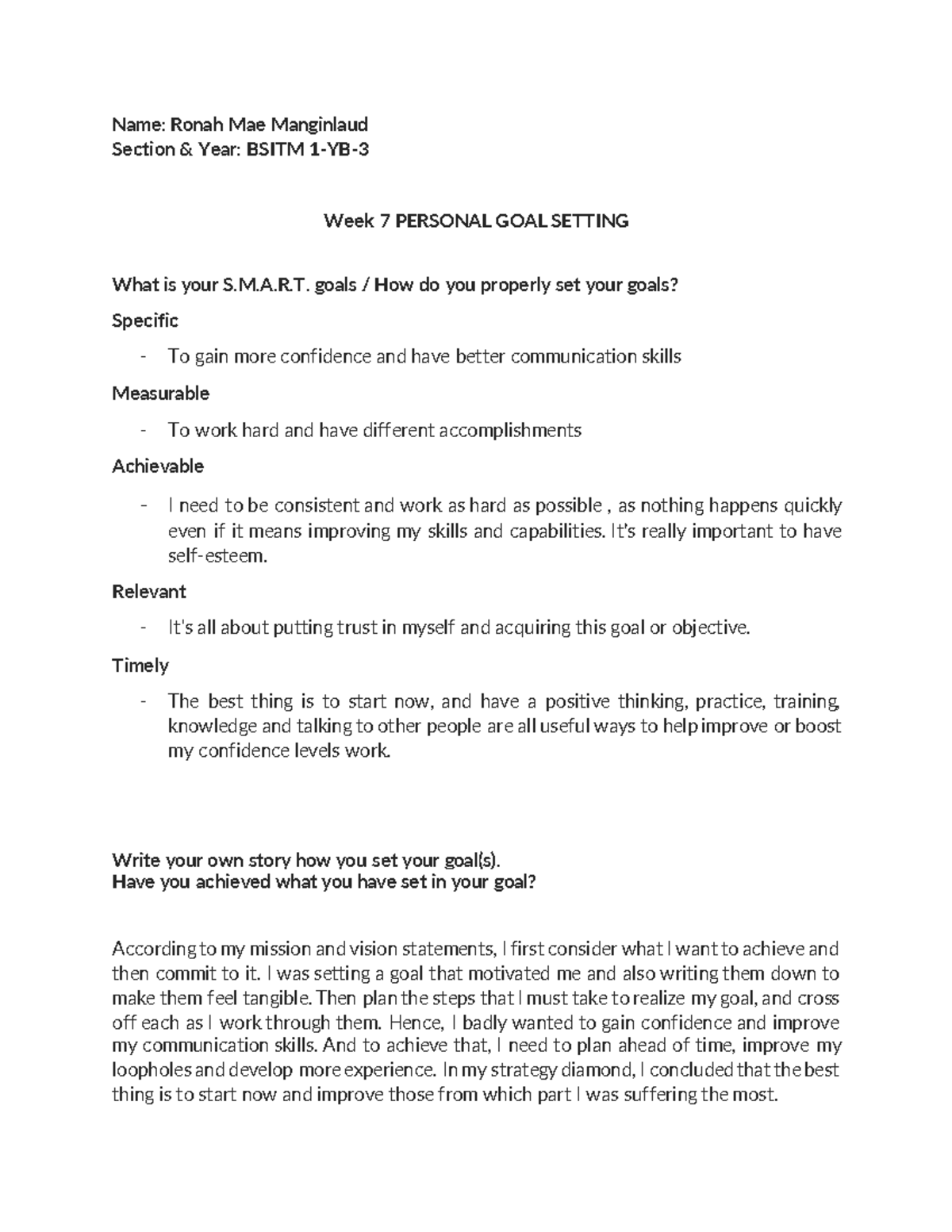 Week 7 personal goal setting - Name: Ronah Mae Manginlaud Section ...