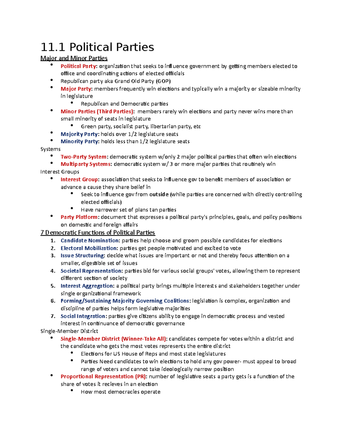 American Government Book Notes Chapter 11 - 11 Political Parties Major ...