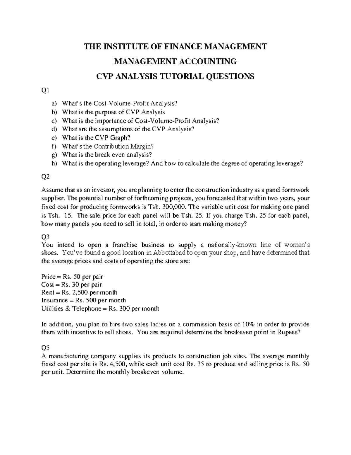 MA CVP Questions - THE INSTITUTE OF FINANCE MANAGEMENT MANAGEMENT ...