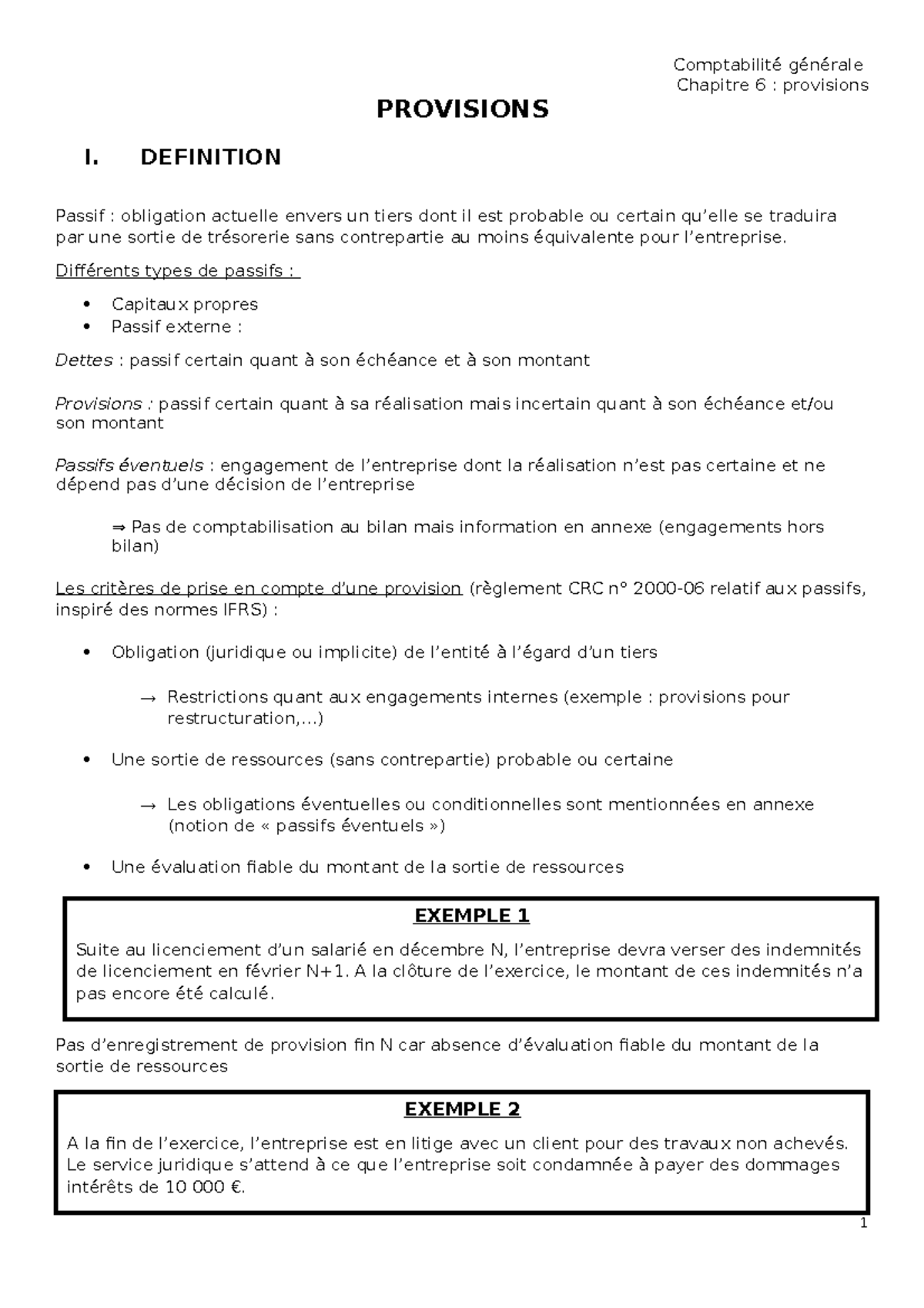 Les provisions - compta - Chapitre 6 : provisions PROVISIONS I ...