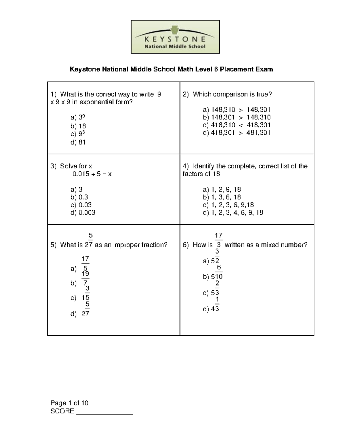 Math Level 6 Exam - 6th grade practice exam - Page 1 of 10 Keystone ...