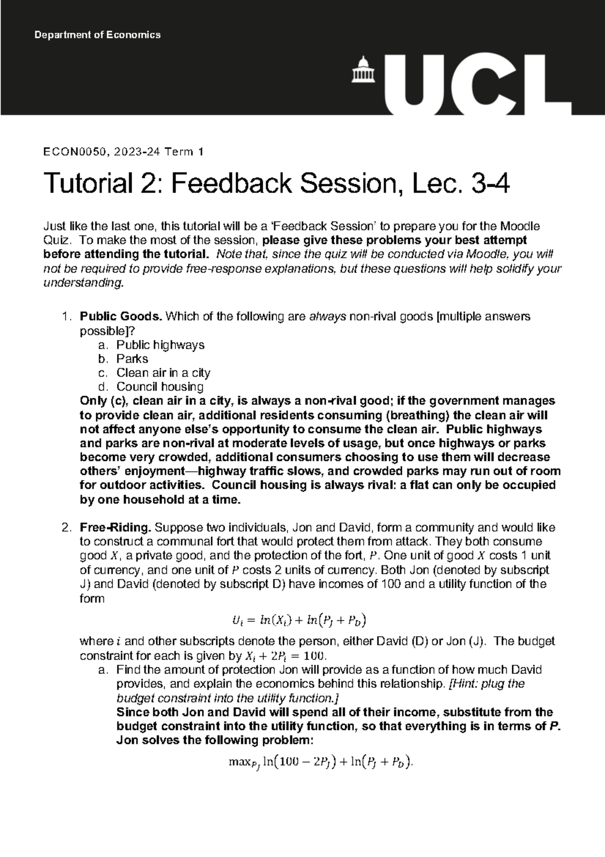 Tutorial 2 Practice Problems Solutions - ECON0050, 2023-24 Term 1 ...