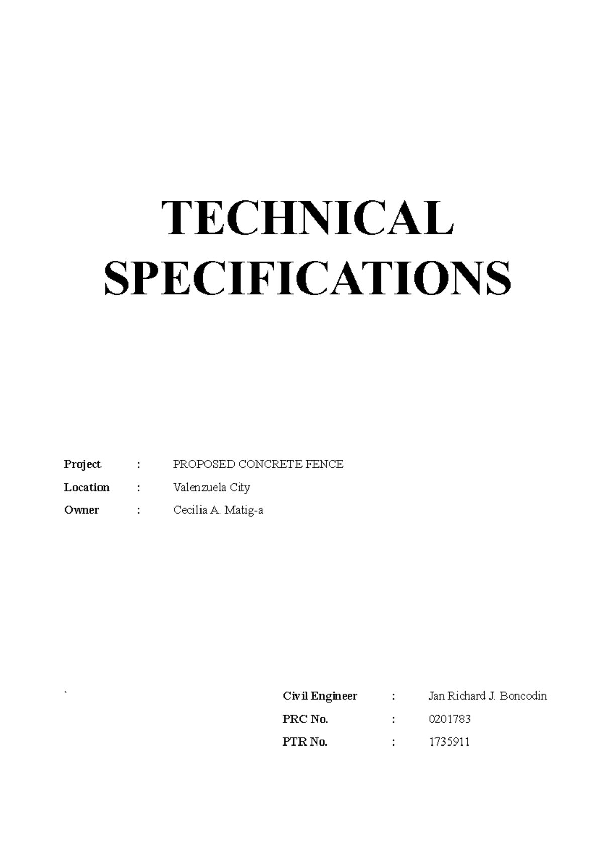Technical Specifications - TECHNICAL SPECIFICATIONS Project : PROPOSED ...