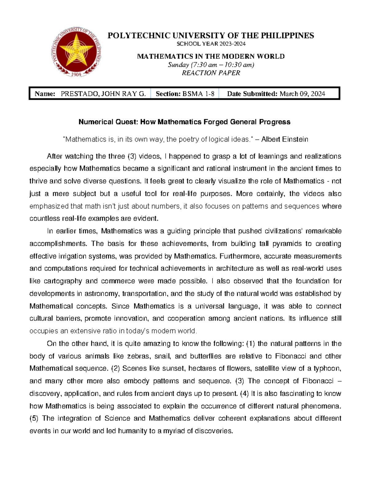 MMW Reaction Paper Prestado, John Ray G - POLYTECHNIC UNIVERSITY OF THE ...