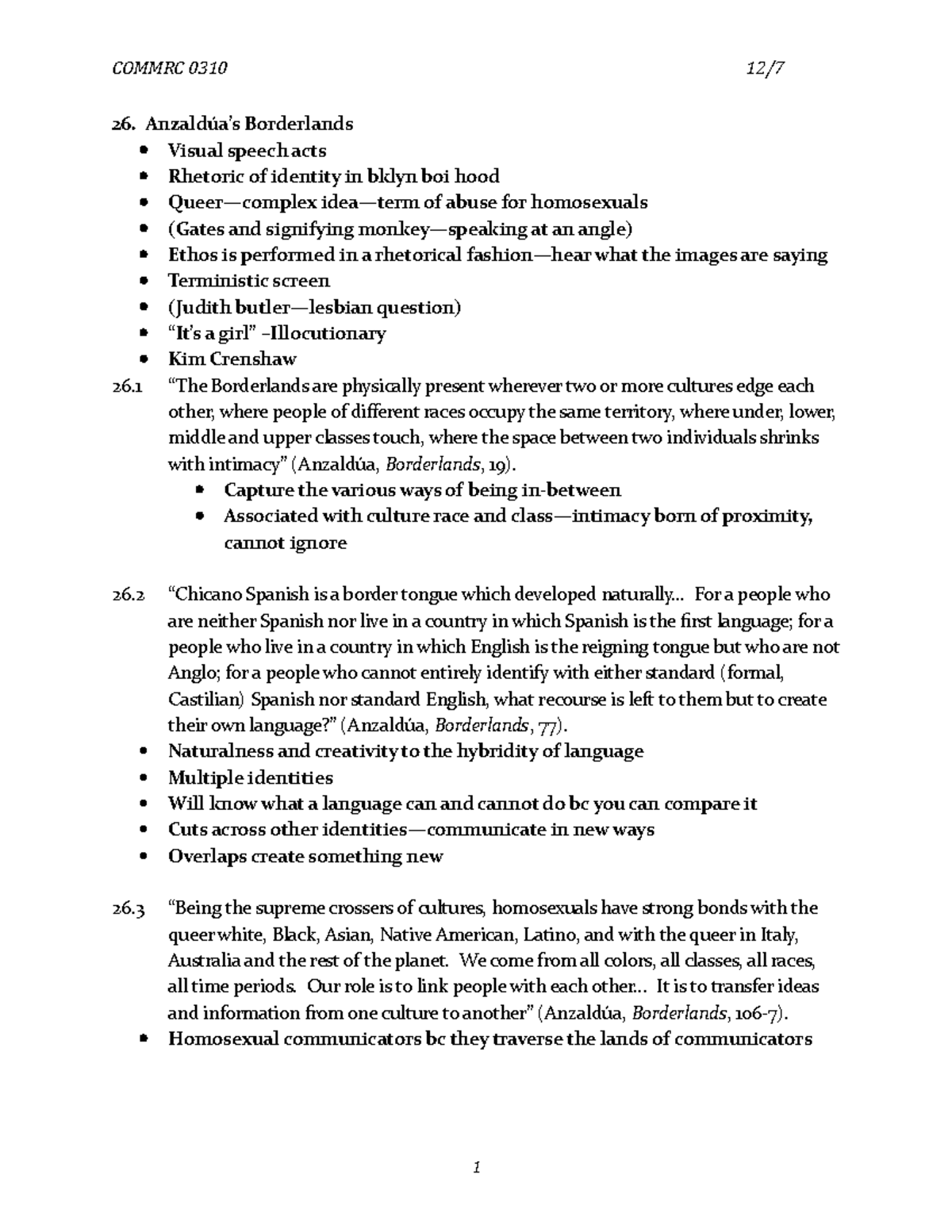 26 - Anzaldua's Borderlands, Sentences - COMMRC 0310 12/ Anzaldúa’s ...