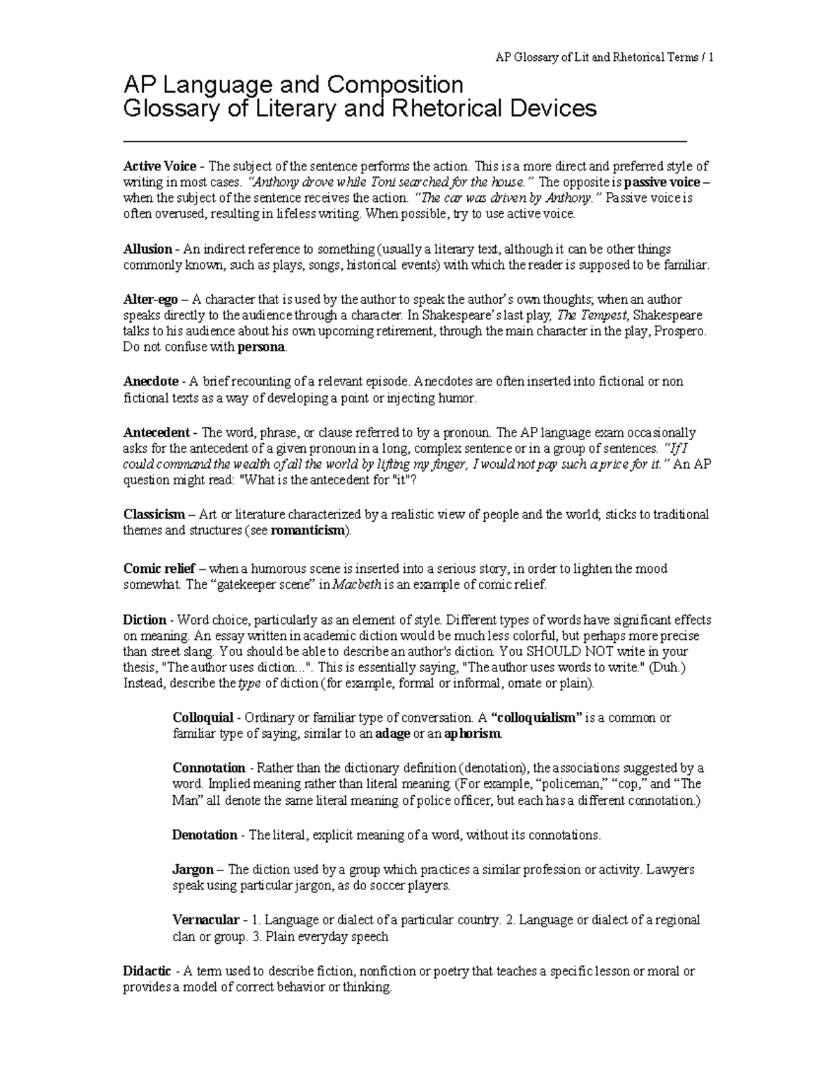 APEng Lang Vocab - AP Language and Composition Glossary of Literary and ...