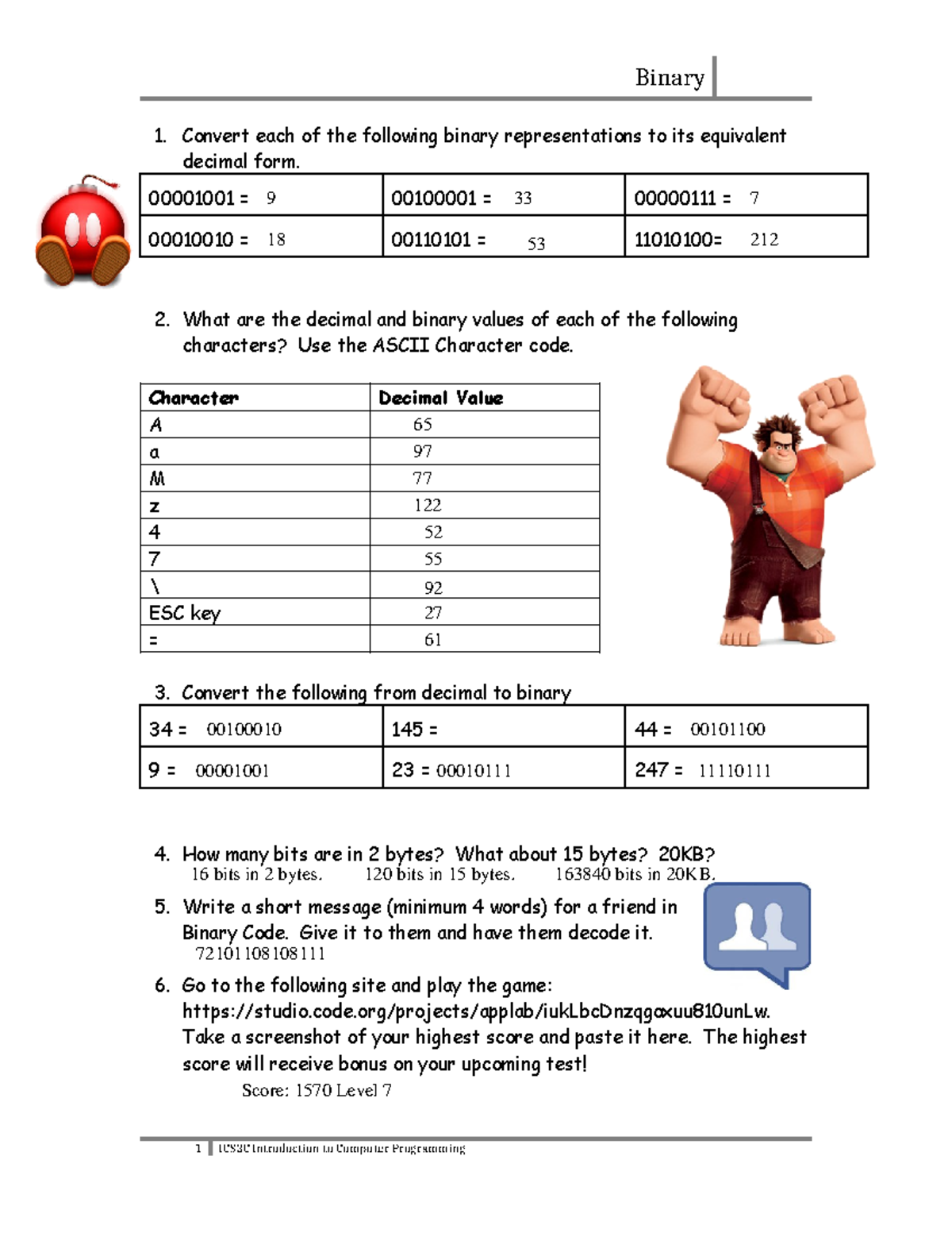 Binary Worksheet Incomplete - Convert each of the following binary ...