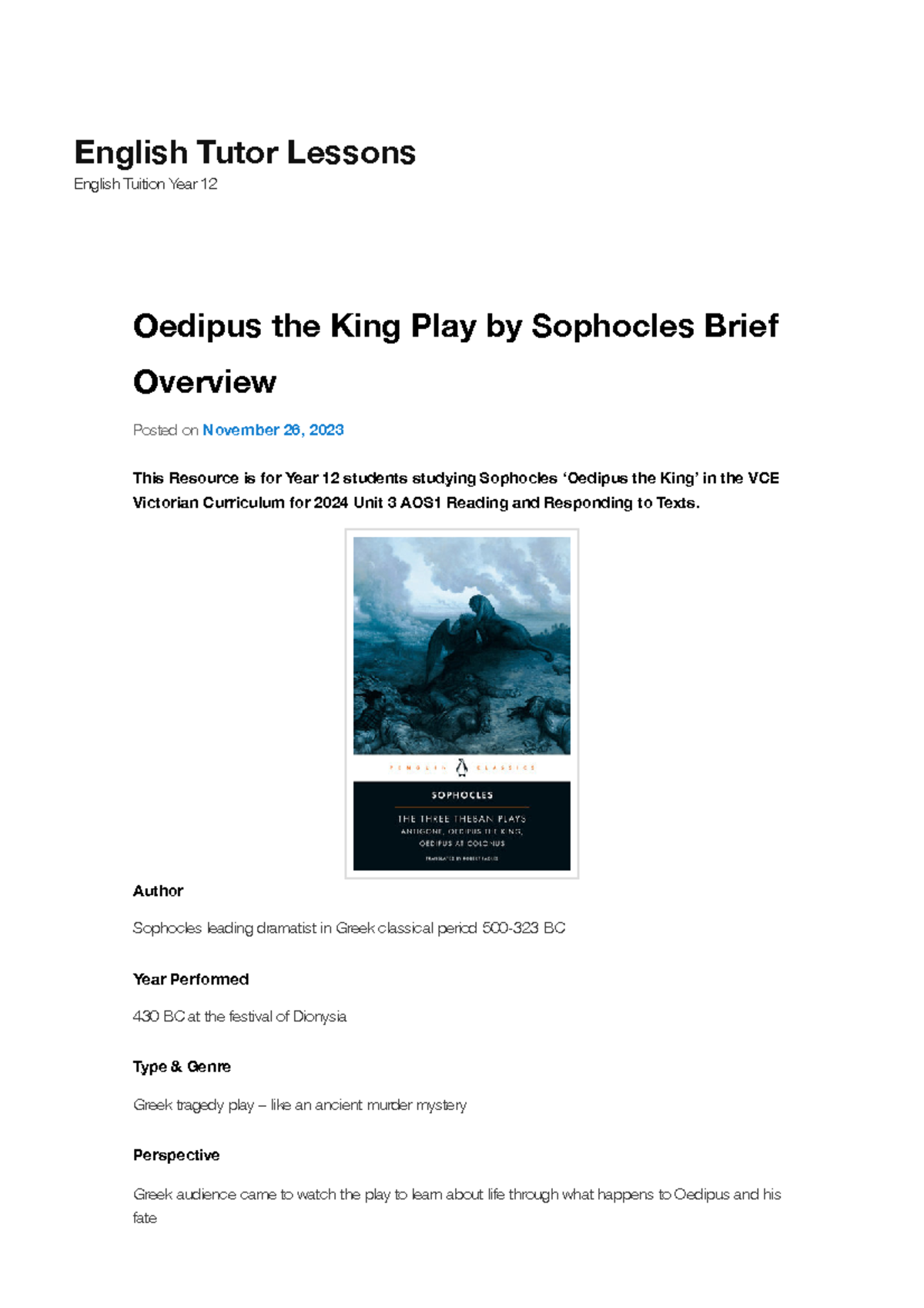 Oedipus the King Play by Sophocles Brief Overview - English Tutor ...