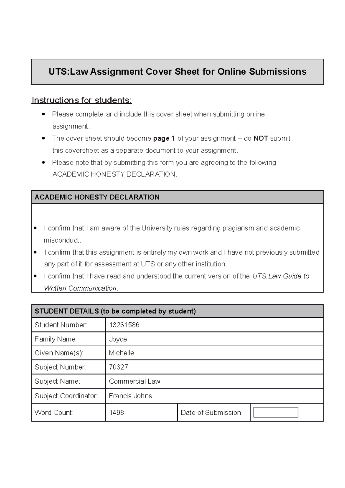 2nd assignment - Received distinction. - UTS:Law Assignment Cover Sheet ...