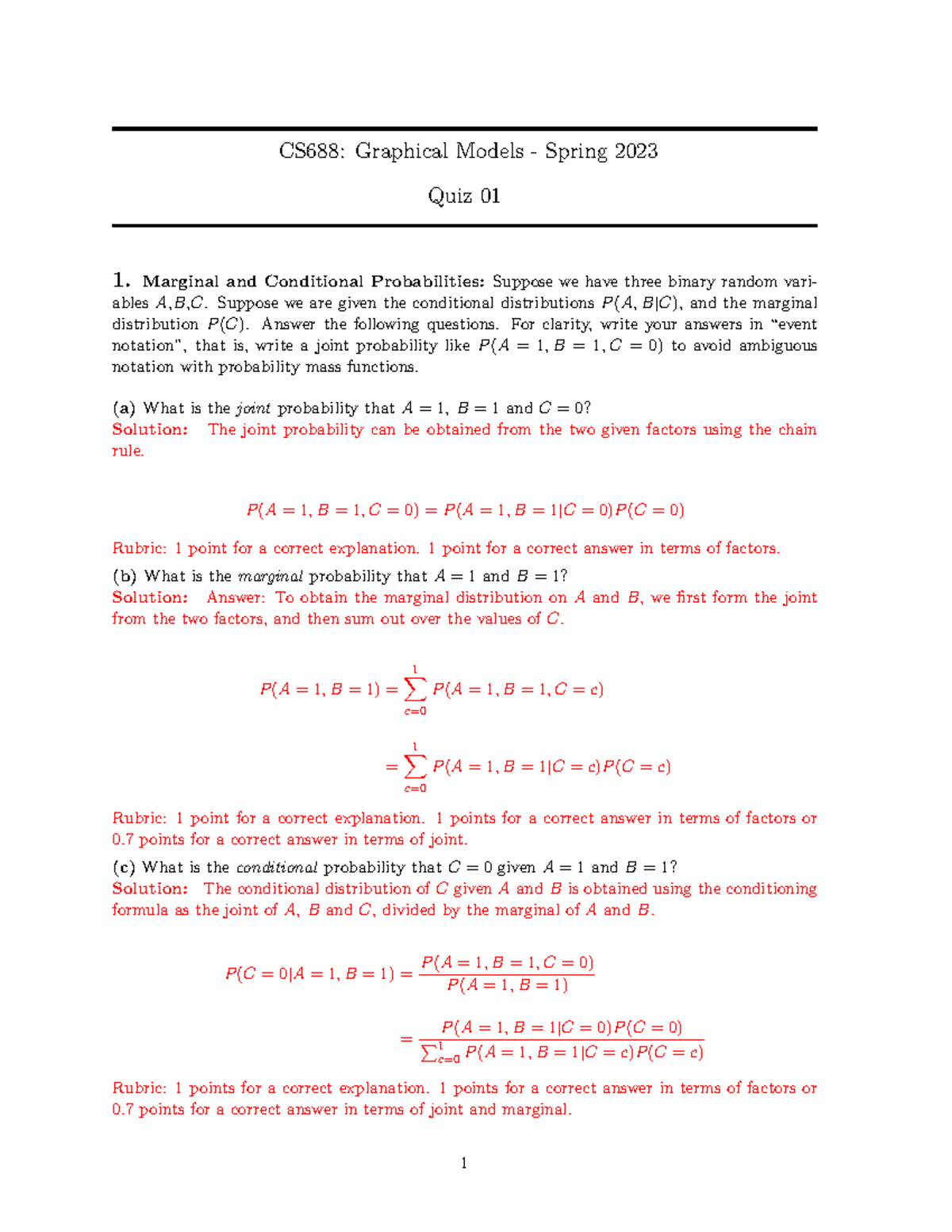 Quiz01-soln - Quiz 1 solution - CS688: Graphical Models - Spring 2023 Quiz 01 1. Marginal and ...