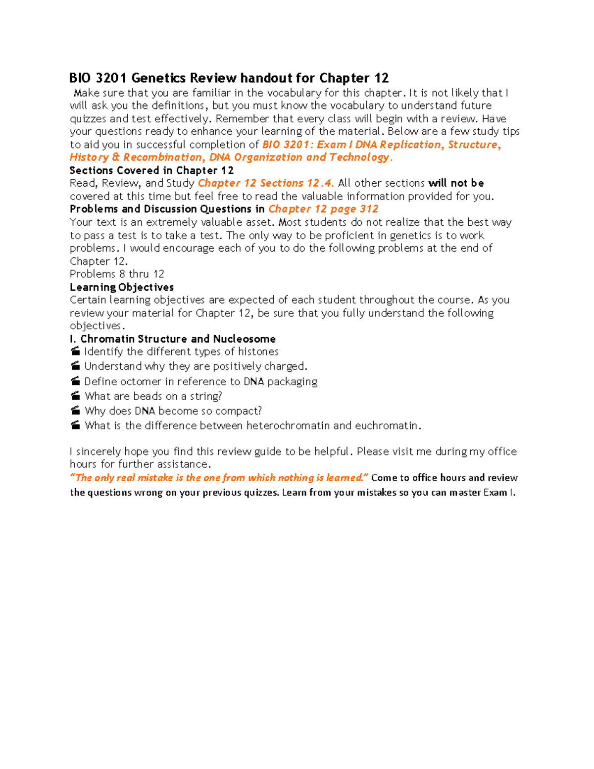 Chapter 12 Study Guide - BIO 3201 Genetics Review handout for Chapter ...