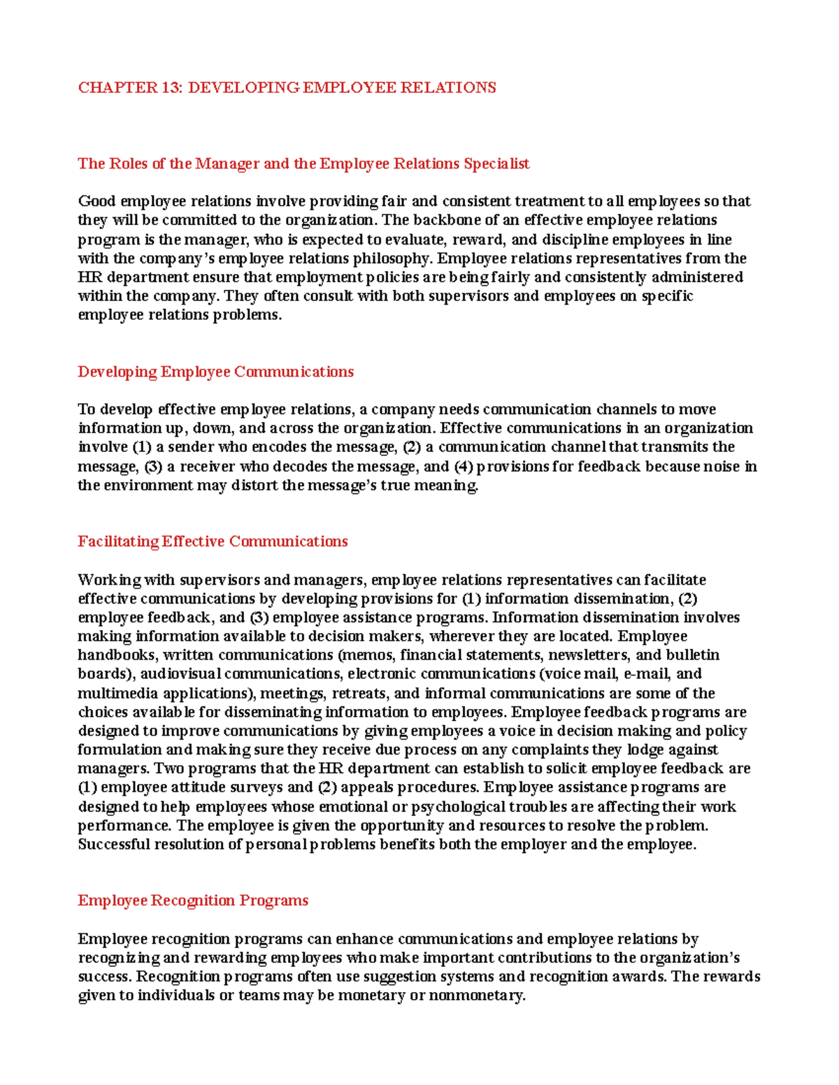 HR Chapter 13 - DEVELOPING EMPLOYEE RELATIONS ! - CHAPTER 13 ...