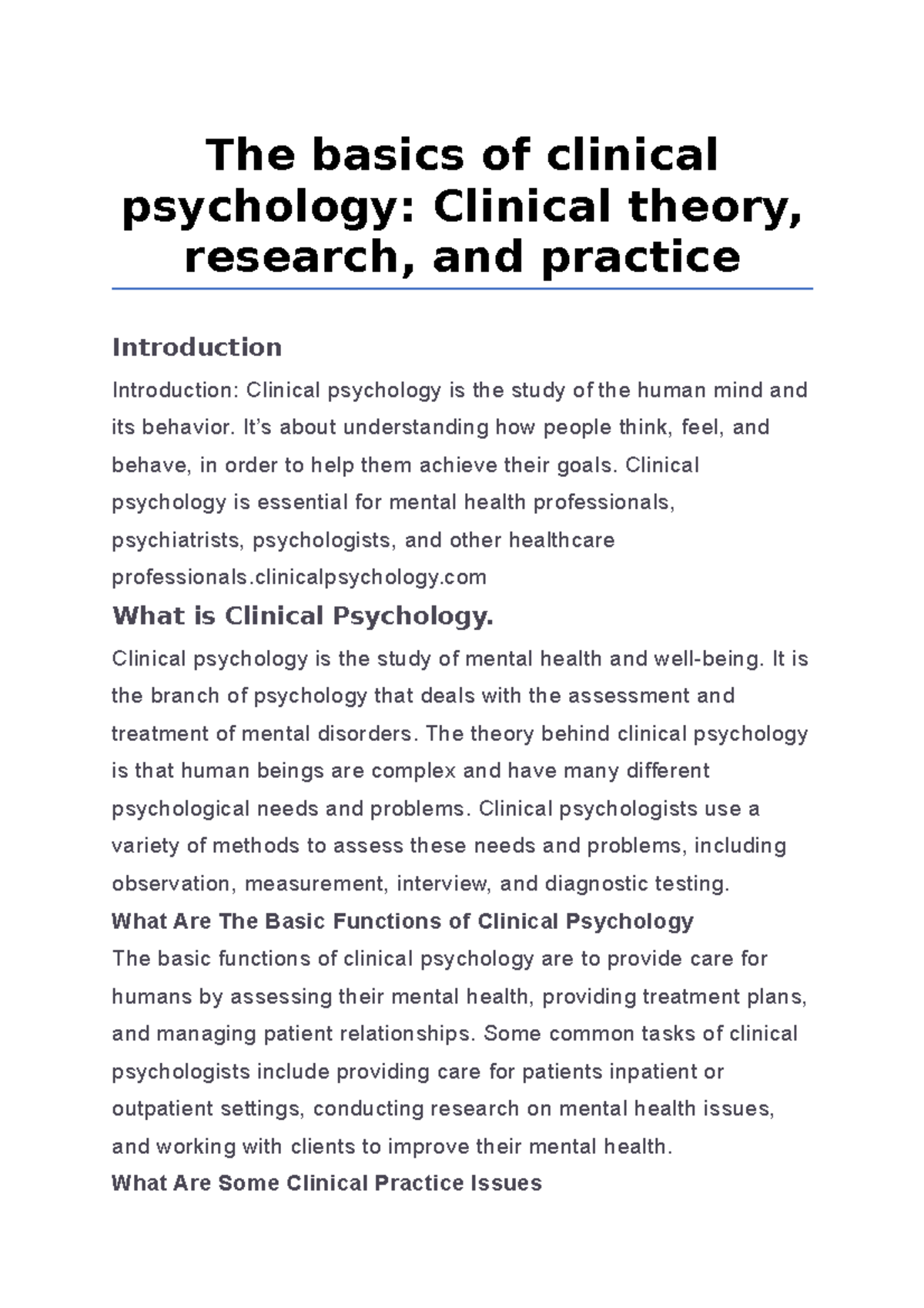 The basics of clinical psychology, Clinical theory, research, and ...