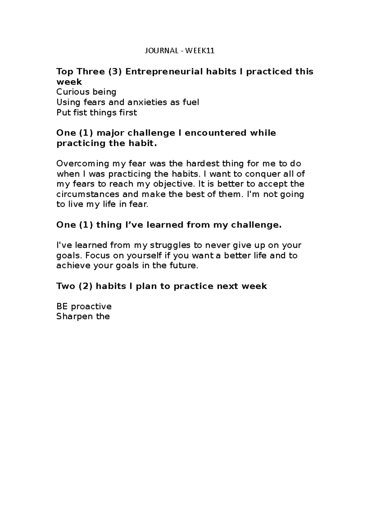 Journal WEEK 9 - entrep - JOURNAL - WEEK Top Three (3) Entrepreneurial ...