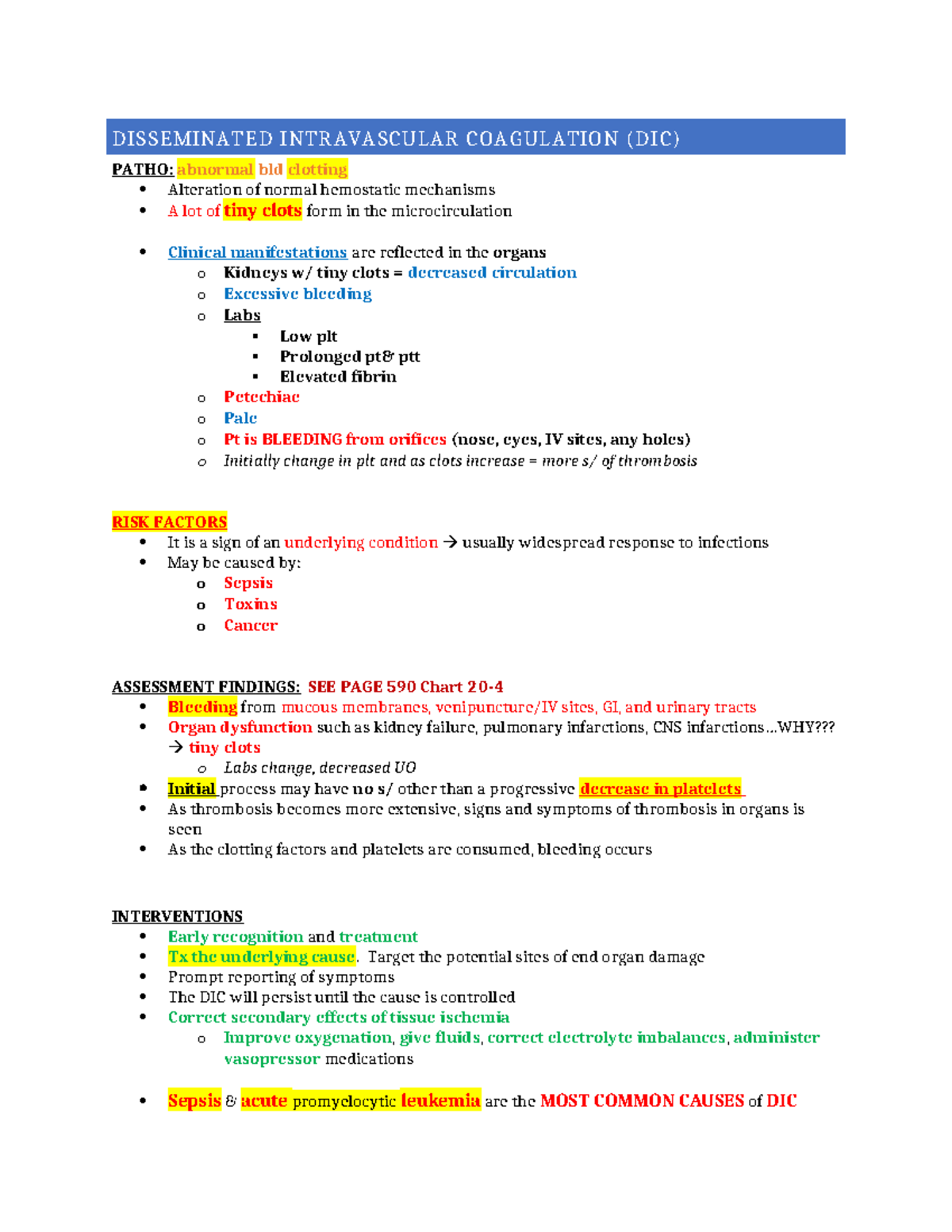 DIC EXAM 4 - lecture notes - DISSEMINATED INTRAVASCULAR COAGULATION ...
