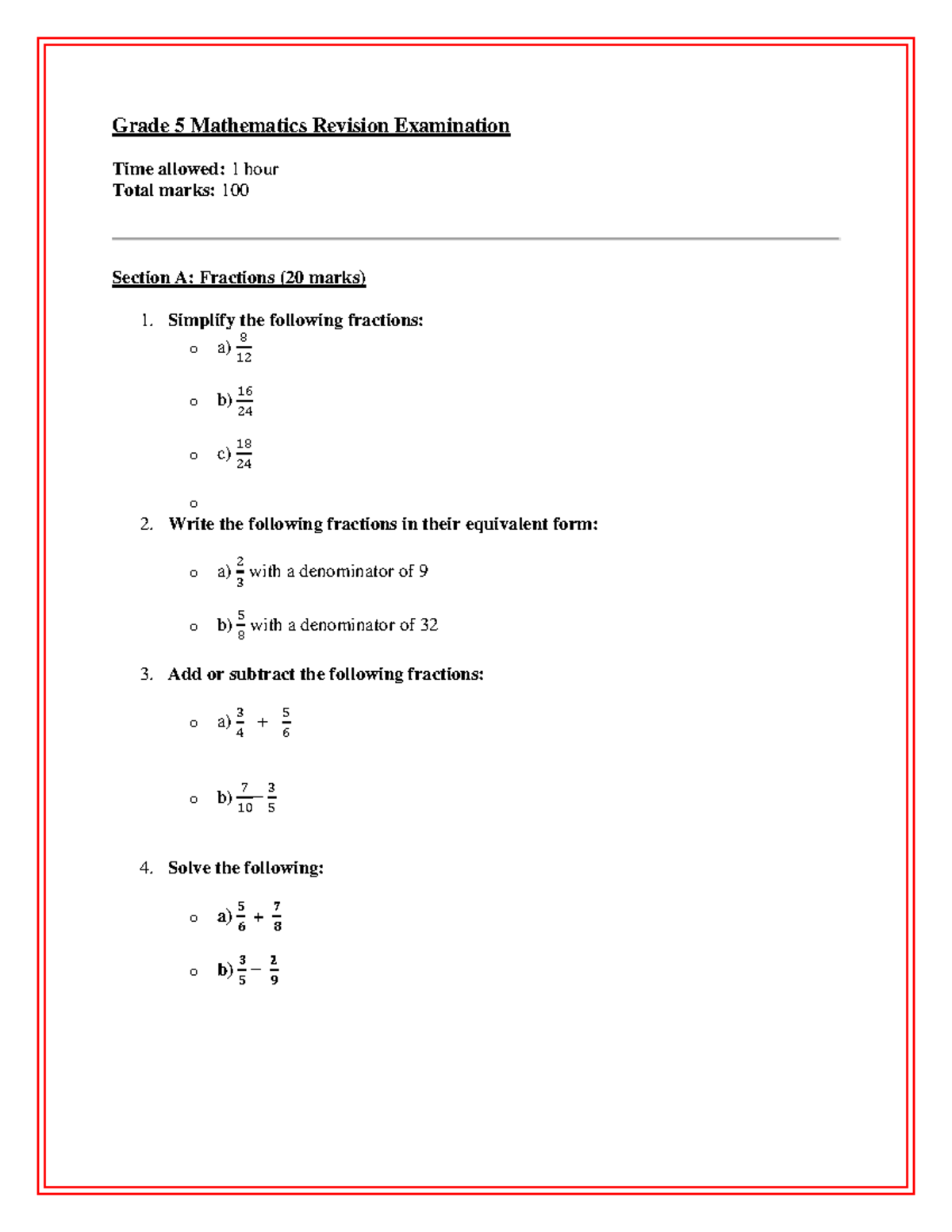 Grade 5 Mathematics Revision Examination - Grade 5 Mathematics Revision ...