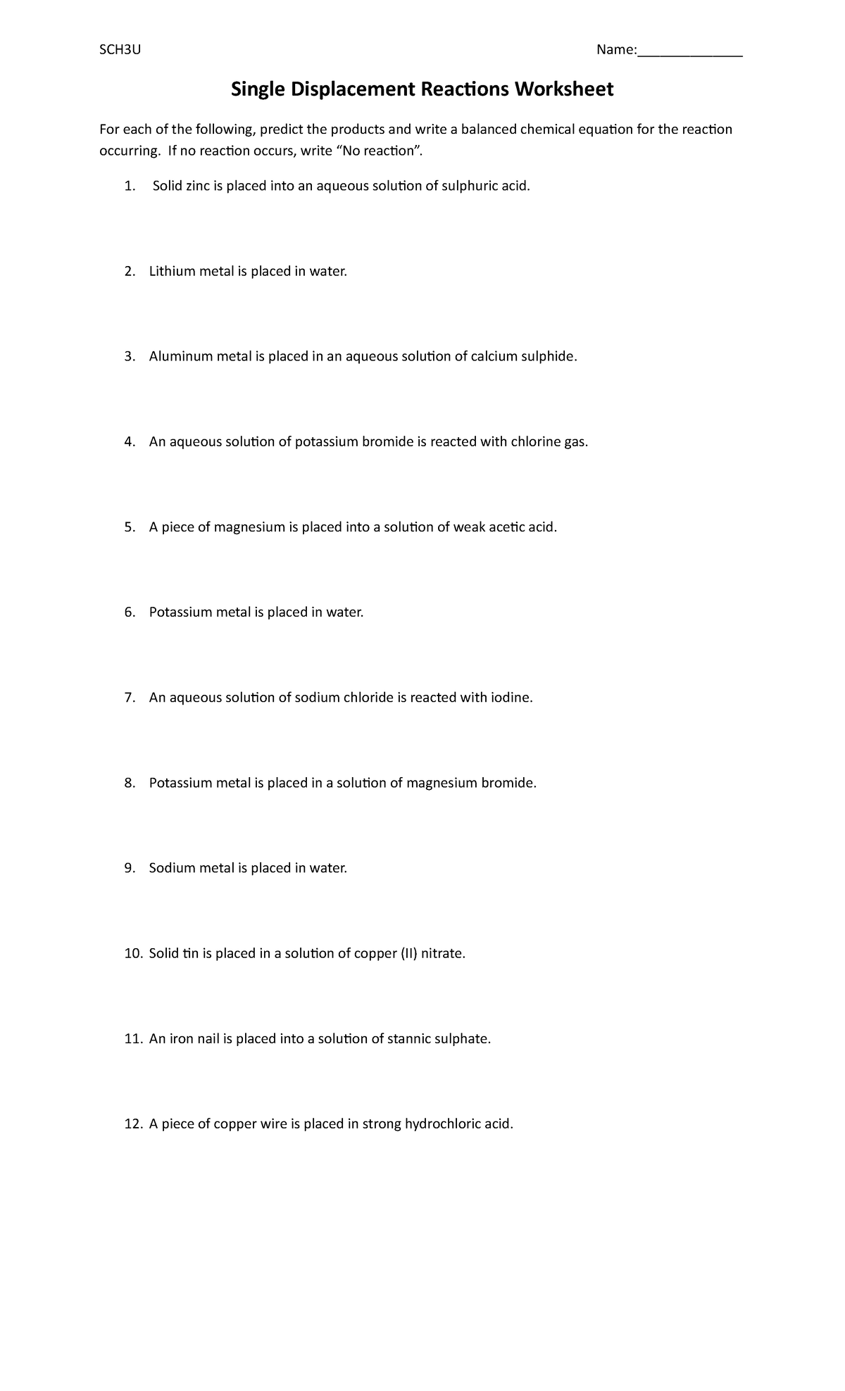SCH3U Single and Double Displacement Worksheet - SCH3U Single ...