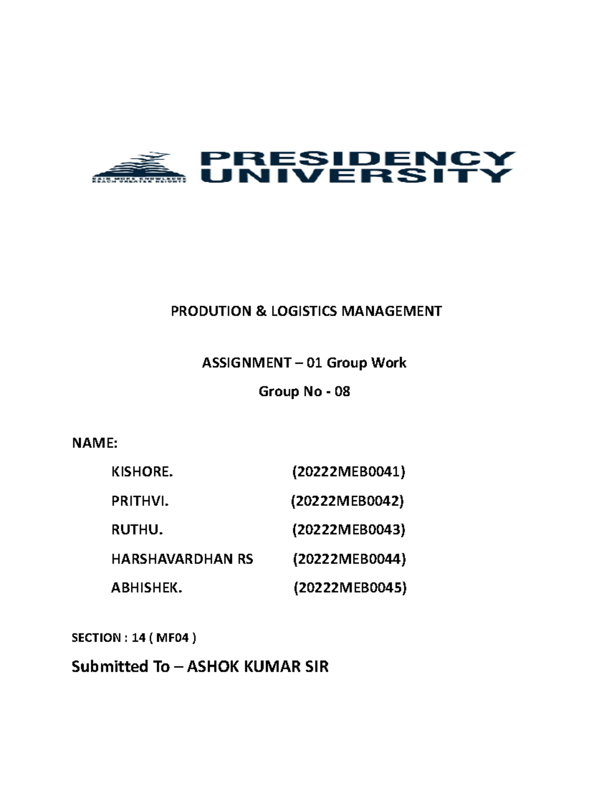 Plm assignment grp - PRODUTION & LOGISTICS MANAGEMENT ASSIGNMENT – 01 ...