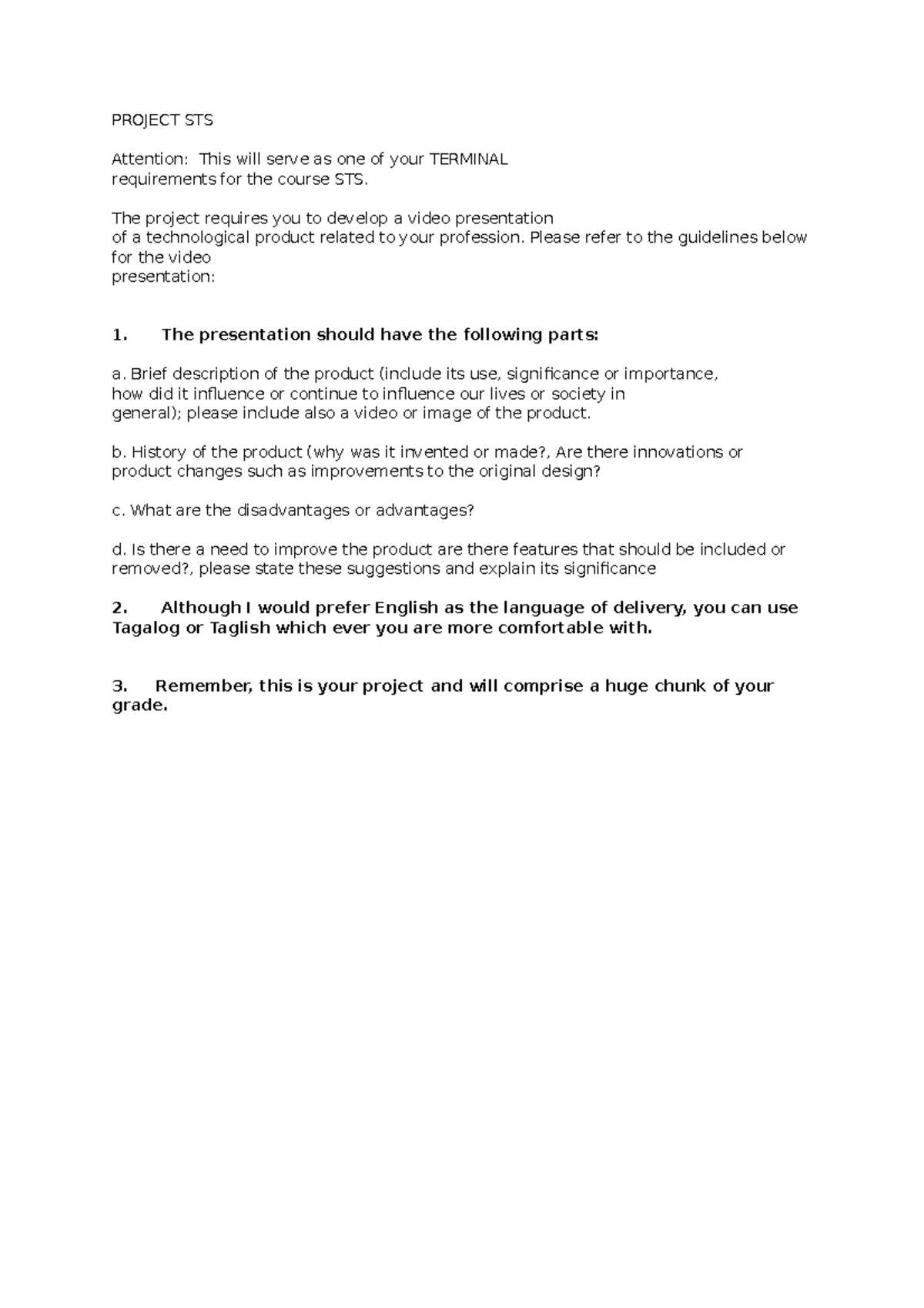 Project STS - PROJECT STS Attention: This will serve as one of your TERMINAL requirements for ...